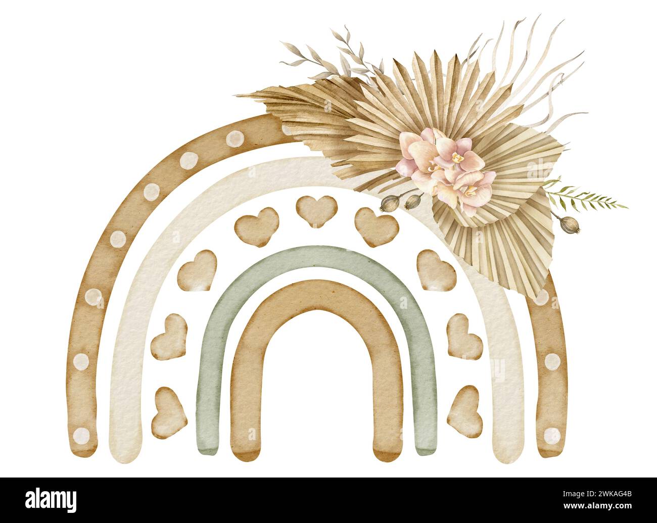 Boho Rainbow watercolor illustration with bohemian flowers for Baby ...