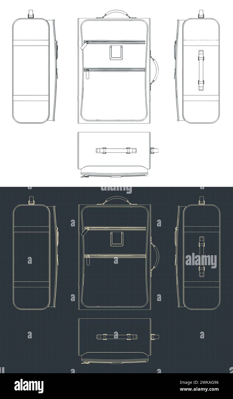 Stylized vector illustration of blueprints of spacious travel suitcase ...
