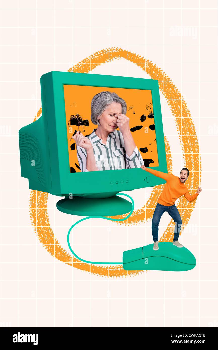 Vertical collage poster retired sad woman pensioner suffer headache ...