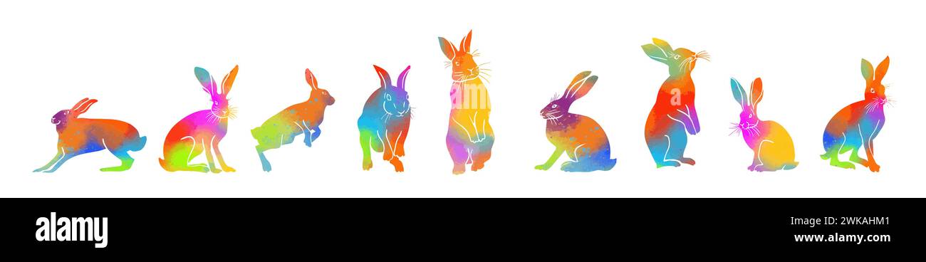 Set of colored silhouettes of hares. hand drawing. Not AI. Vector ...