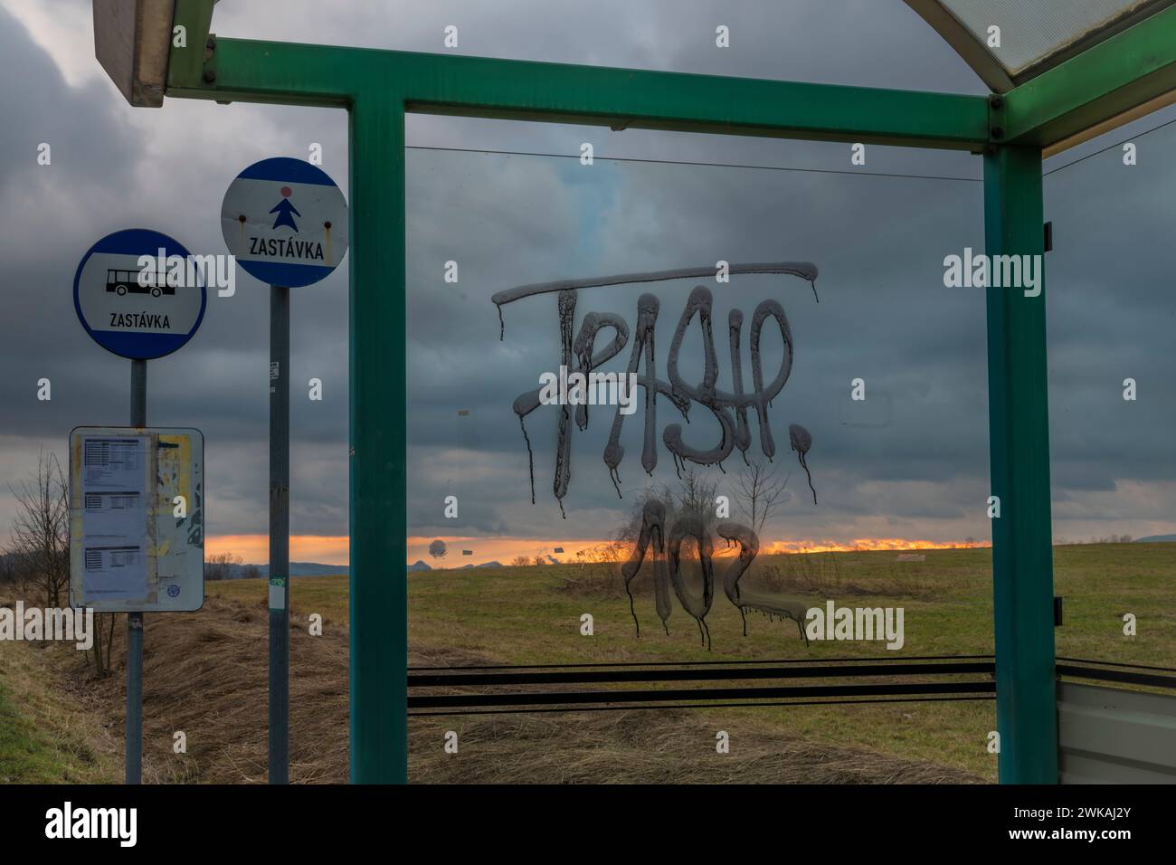 Bus stop in evening cloudy sky field near main road in Zdarek CZ 02 17 ...
