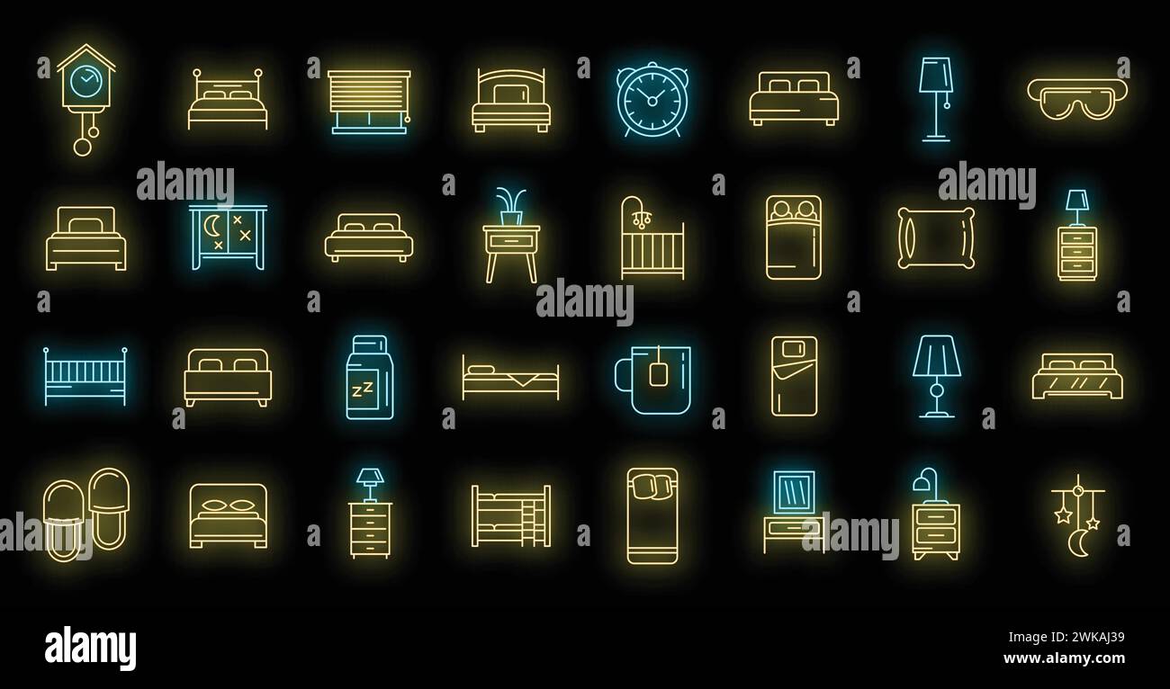 Bedroom icons set. Outline set of bedroom vector icons neon color on ...