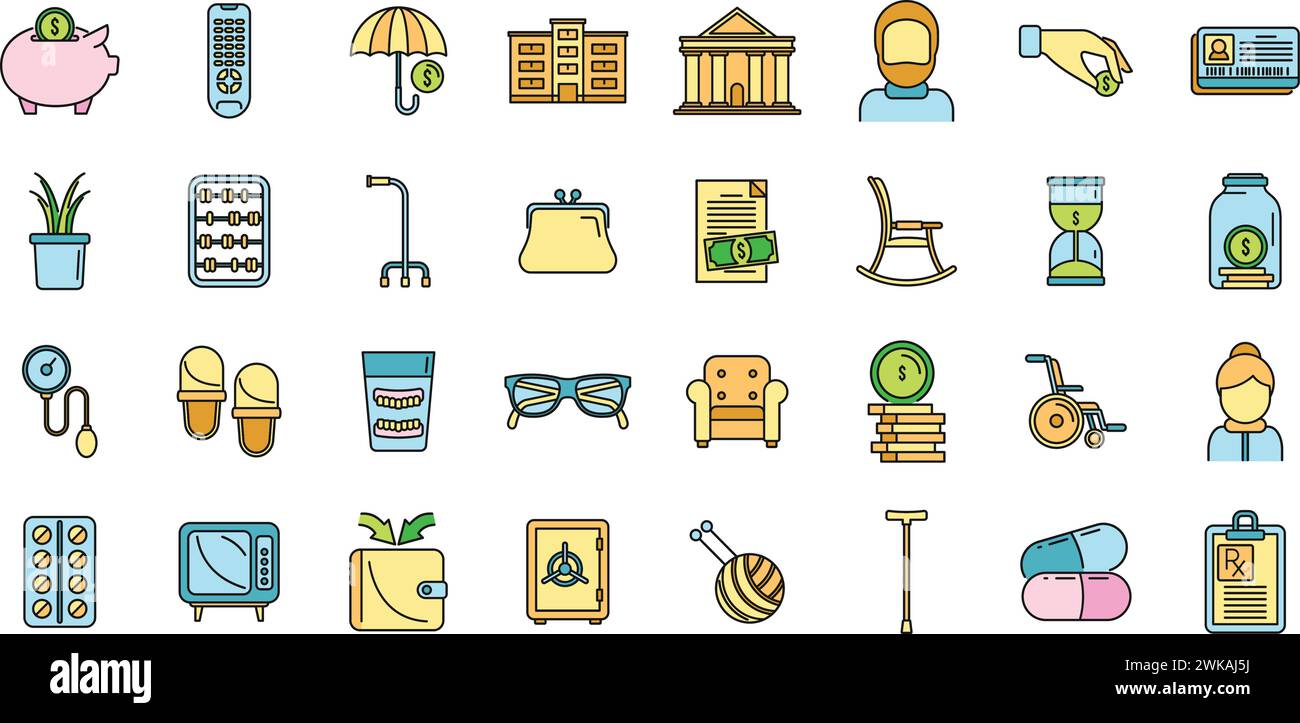Retirement plan icons set. Outline set of retirement plan vector icons ...
