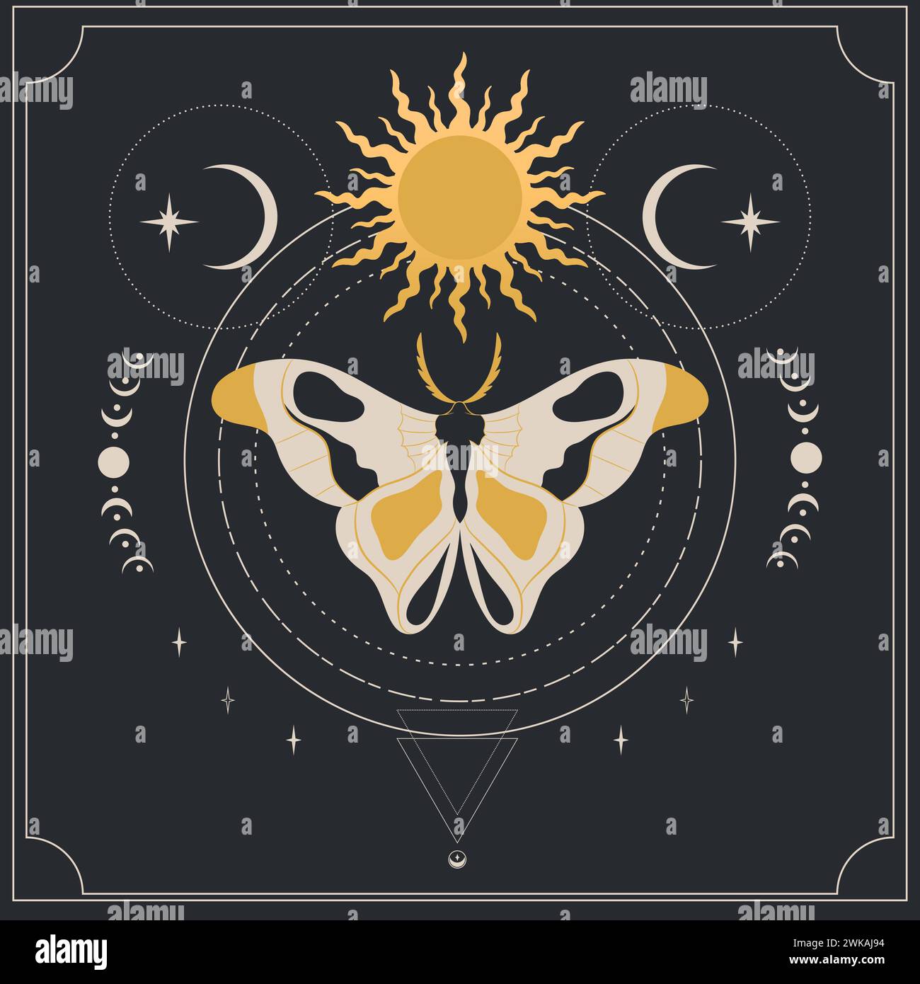 Celestial background with a butterfly, sun, crescent and stars. Magical ...