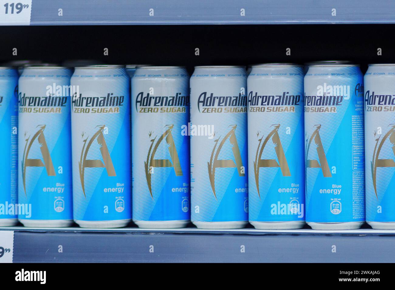 Tyumen, Russia-January 11, 2024: Adrenaline Zero Sugar Energy Drinks ...