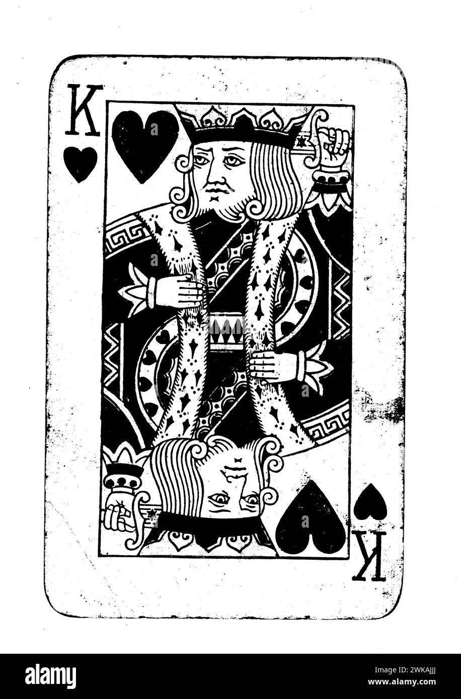 A vintage king of hearts playing card in black and white isolated on a ...