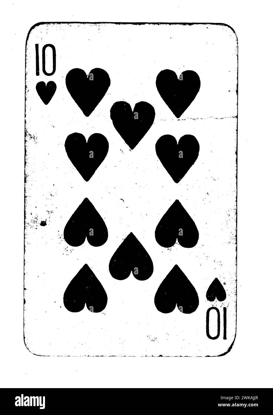 A vintage ten of hearts playing card in black and white isolated on a ...