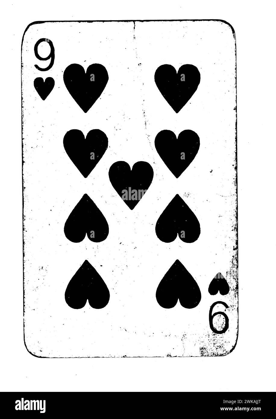 A vintage nine of hearts playing card in black and white isolated on a ...
