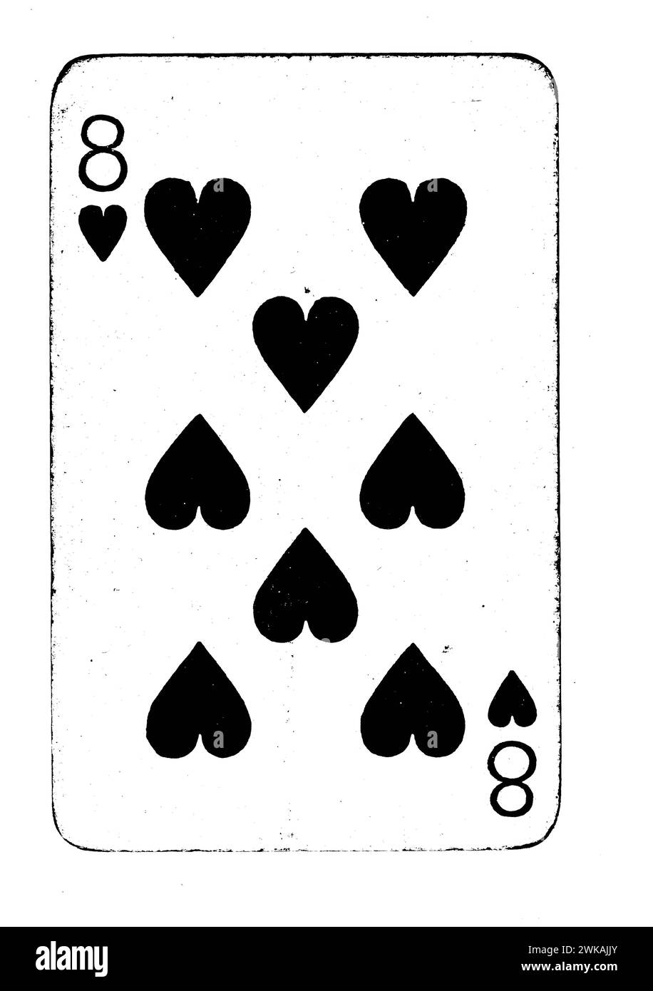 A vintage eight of hearts playing card in black and white isolated on a ...