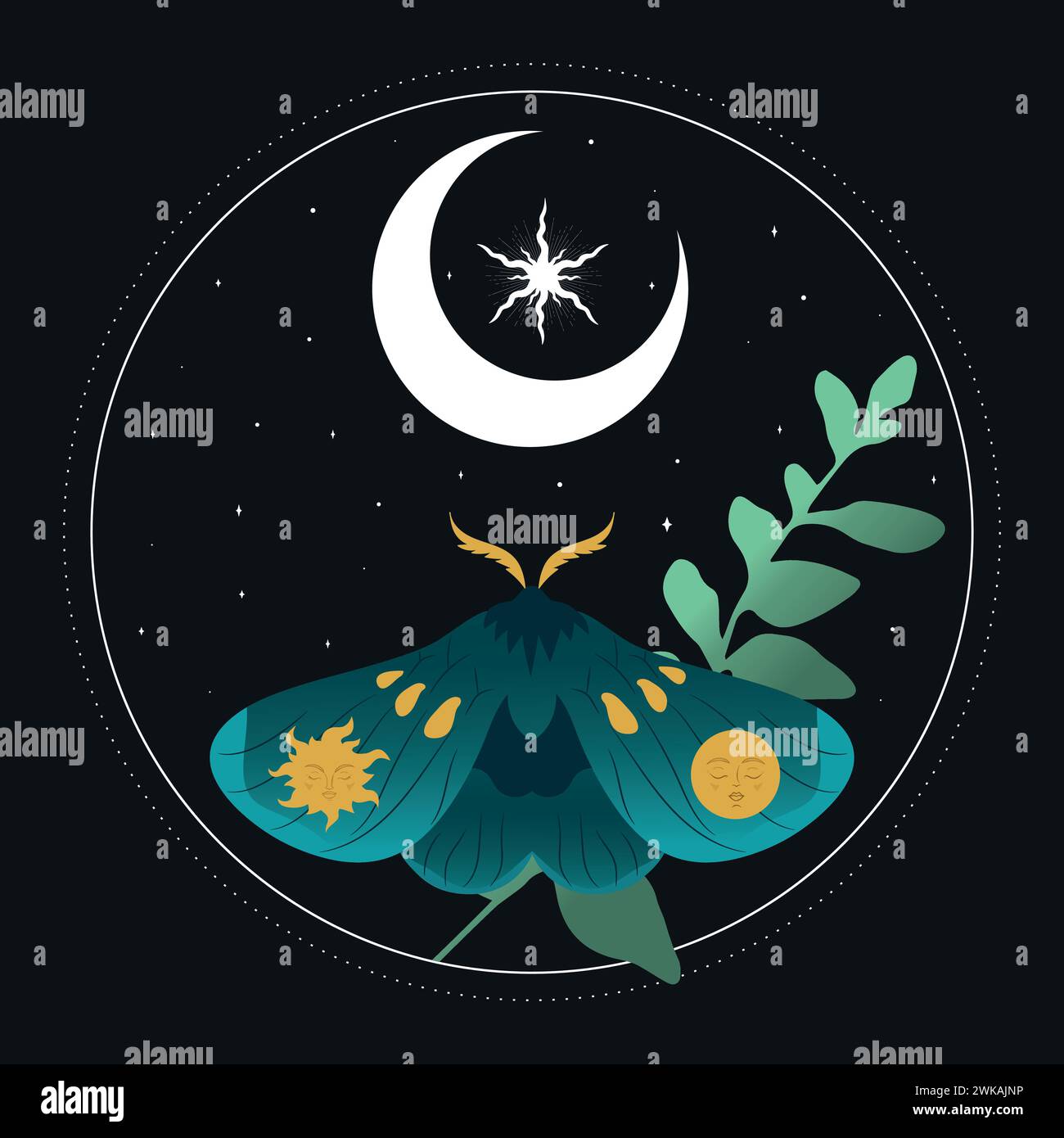 Celestial background with blue moth, star and crescent moon. Vector ...
