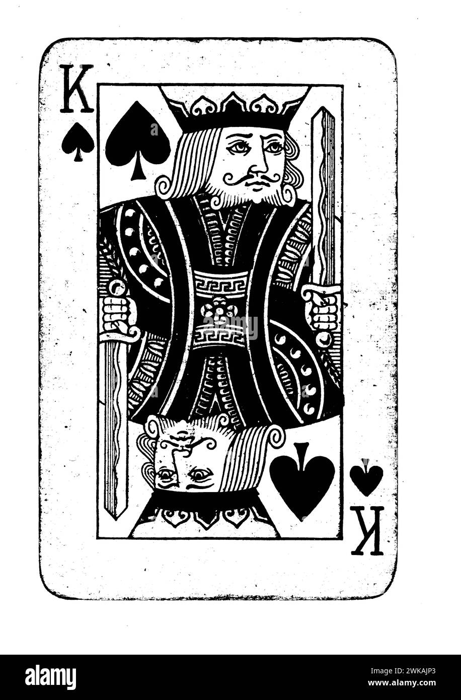 A vintage king of spades playing card in black and white isolated on a ...