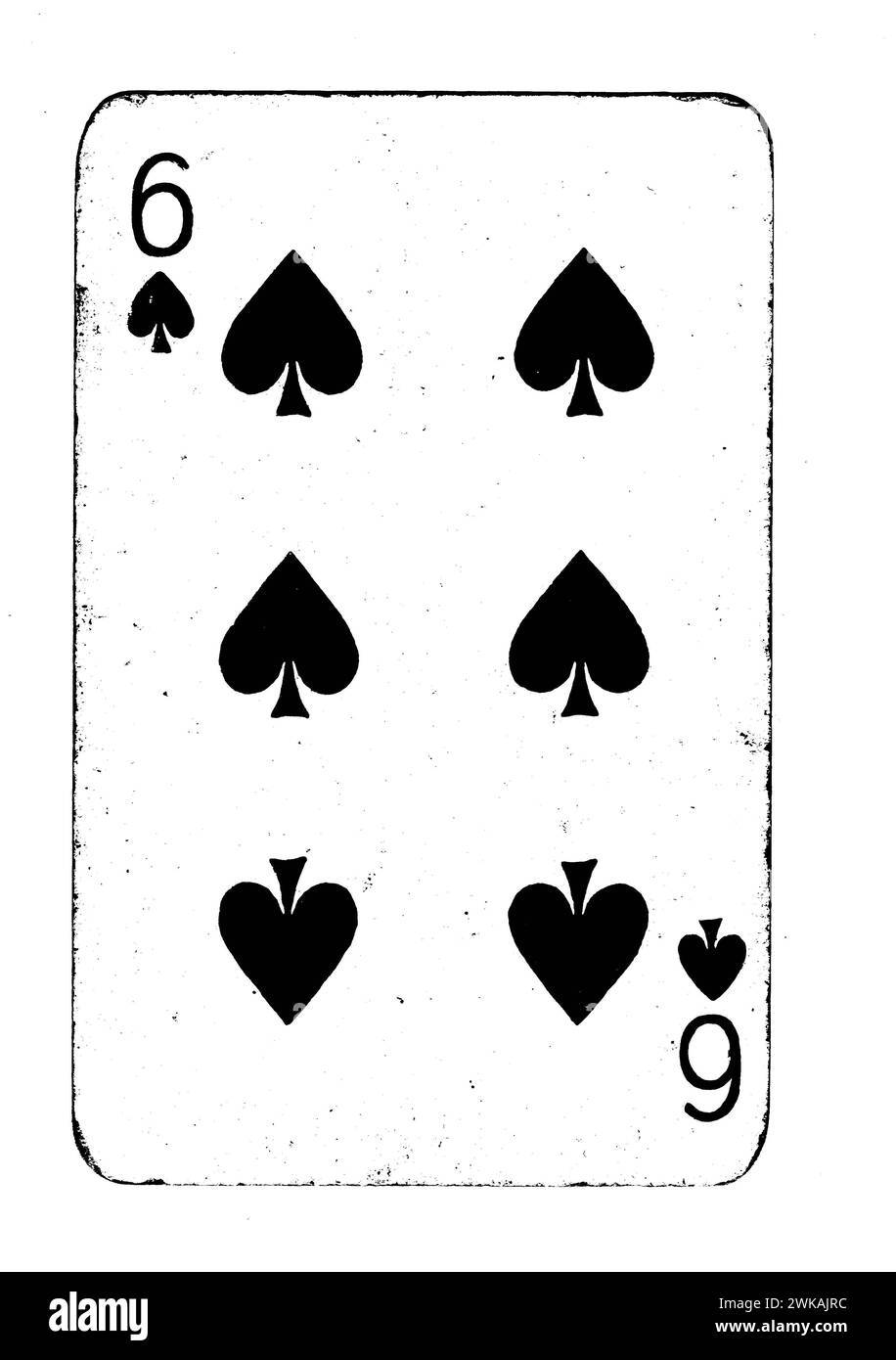 A vintage six of spades playing card in black and white isolated on a ...