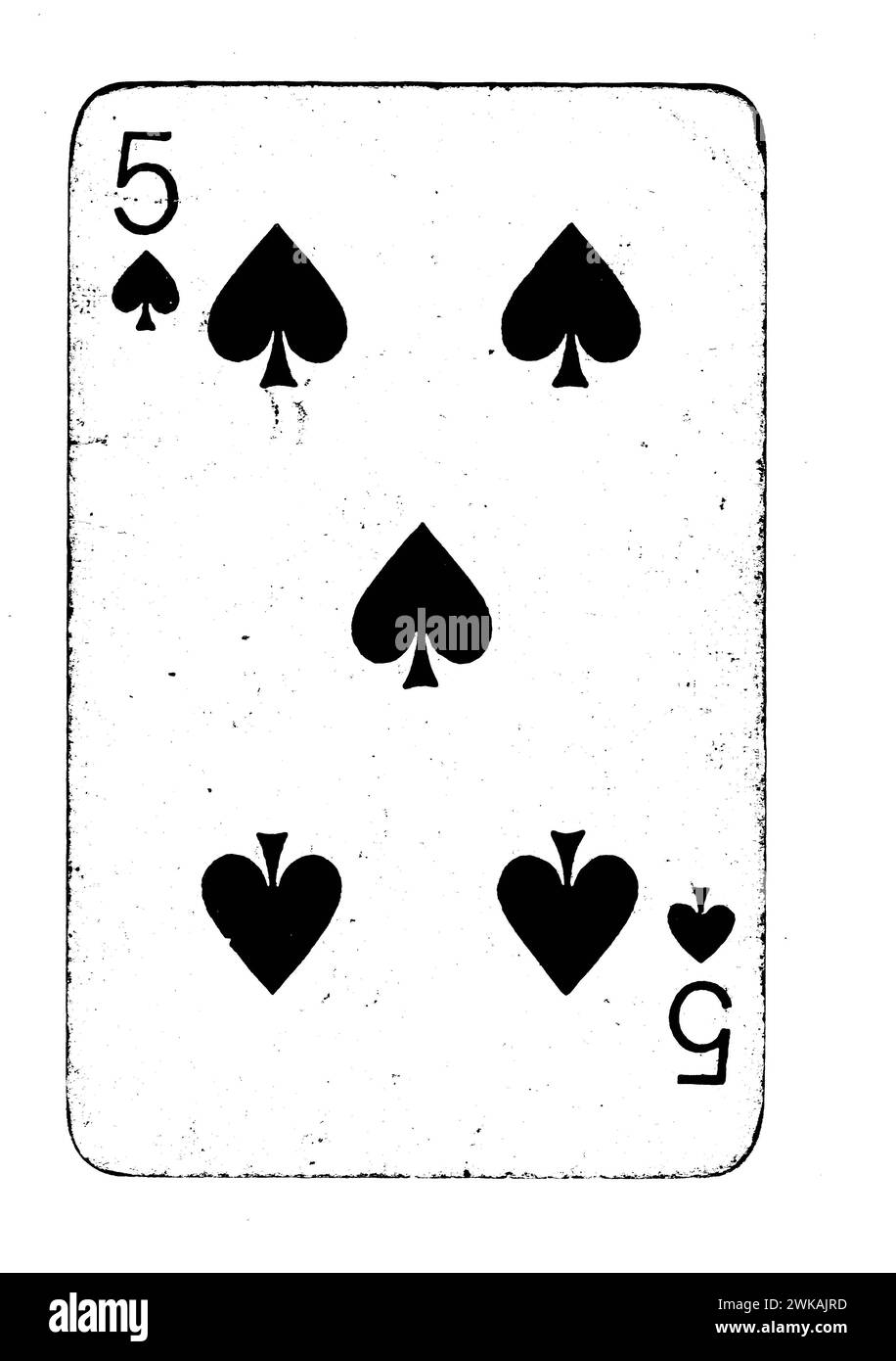A vintage five of spades playing card in black and white isolated on a ...