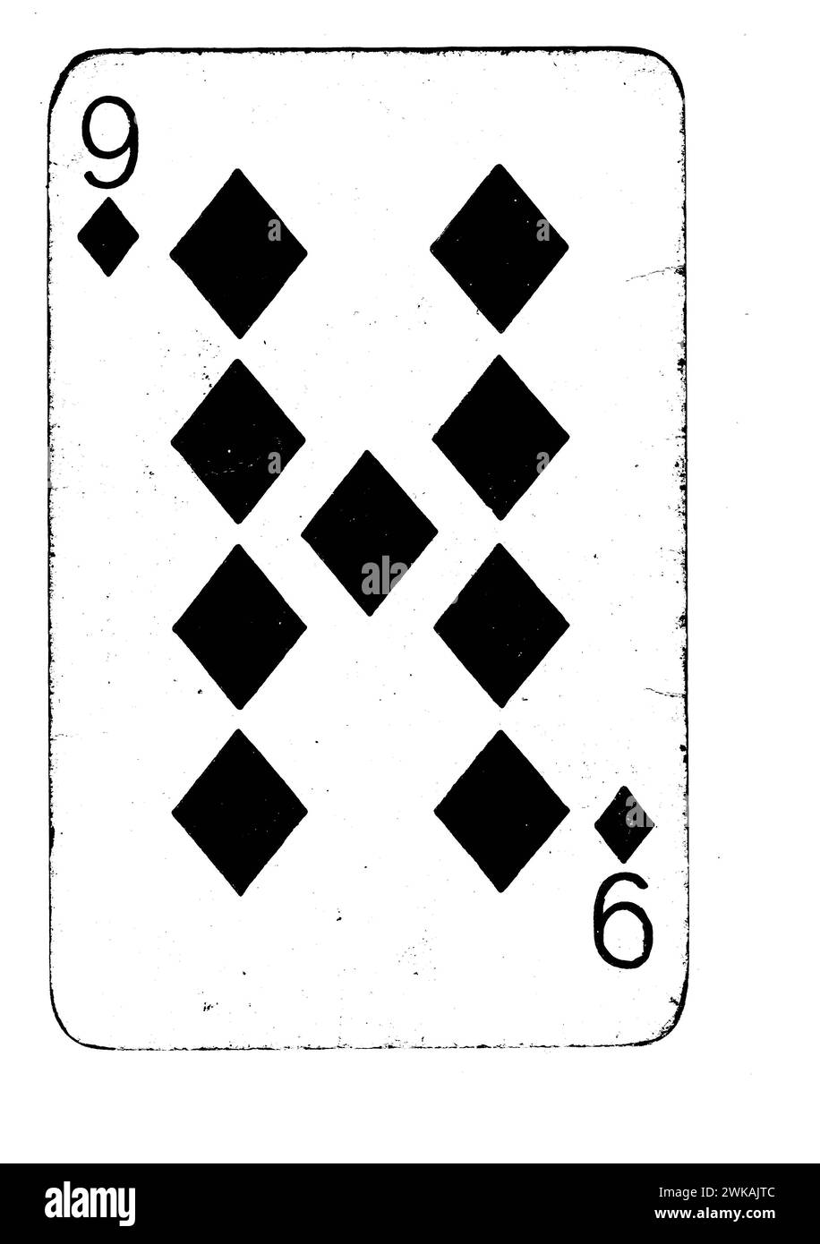 A vintage nine of diamonds playing card in black and white isolated on ...