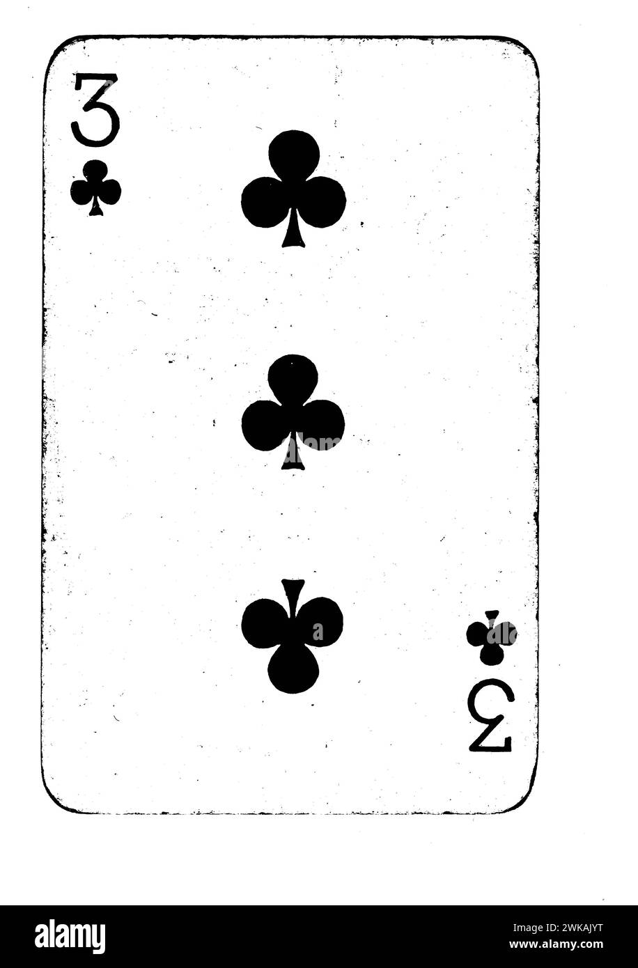 A vintage three of clubs playing card in black and white isolated on a ...