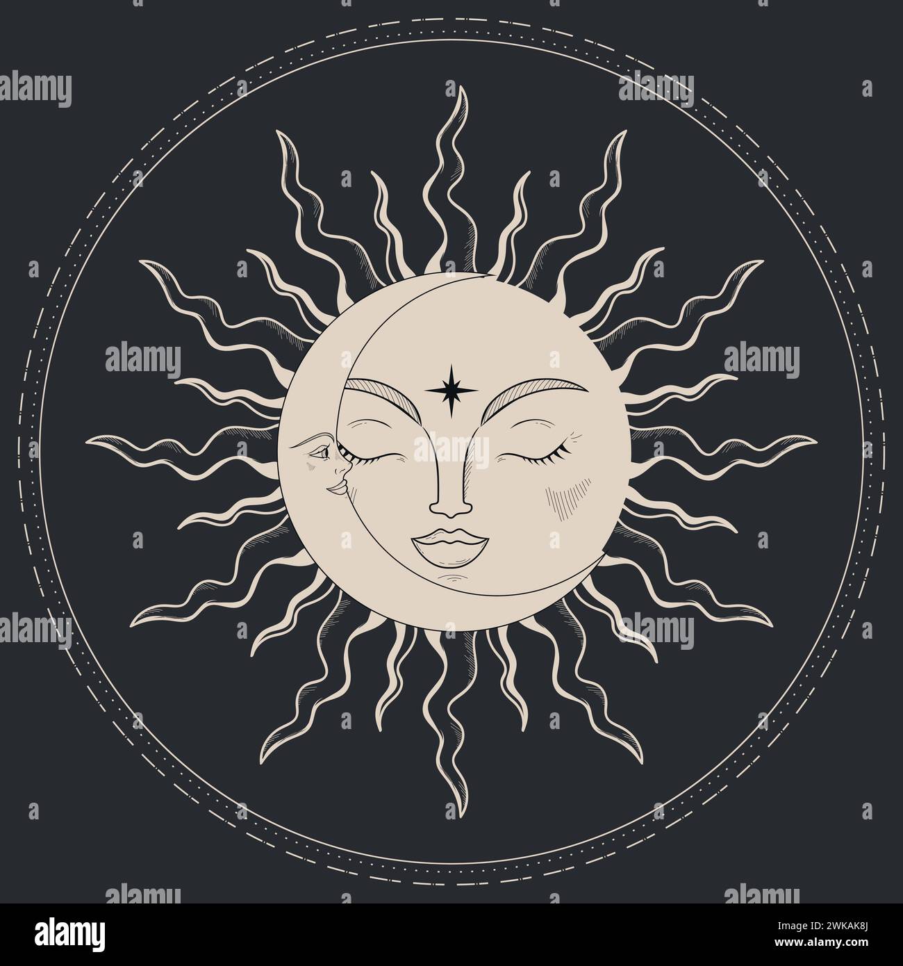 Celestial emblem with a sun and crescent. Monochrome magical vector ...