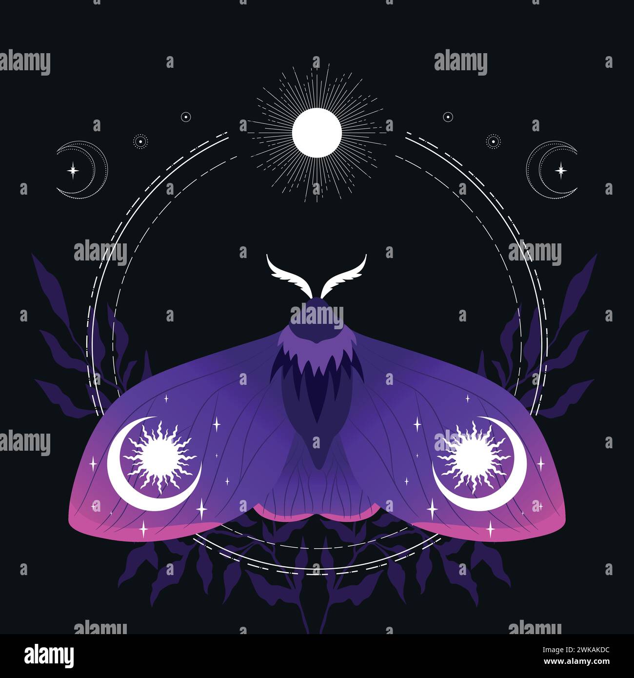 Celestial background with purple moth, sun and crescent moon. Vector ...