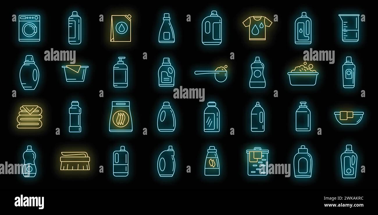 Wash softener icons set. Outline set of wash softener vector icons neon ...