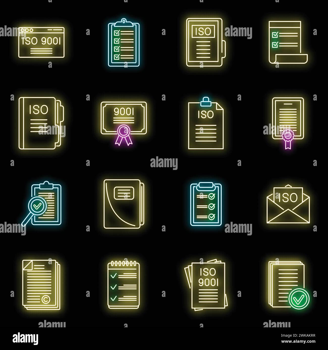 Certified standard icons set outline vector. Iso certificate. Work ...