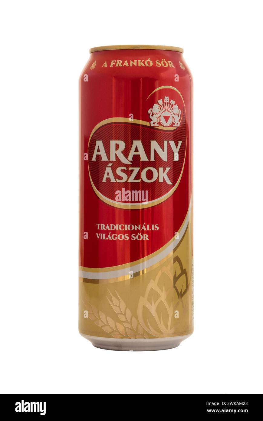 can of hungarian arany aszok lager beer cut out on white background ...