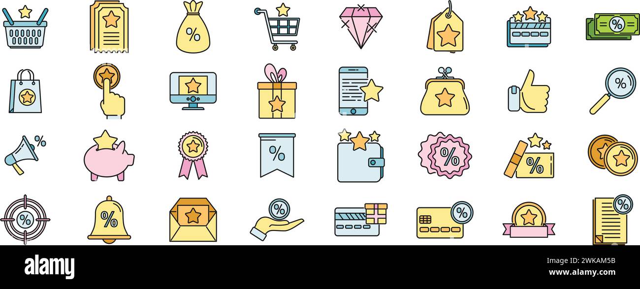 Bonus star icons set. Outline set of bonus star vector icons thin line ...