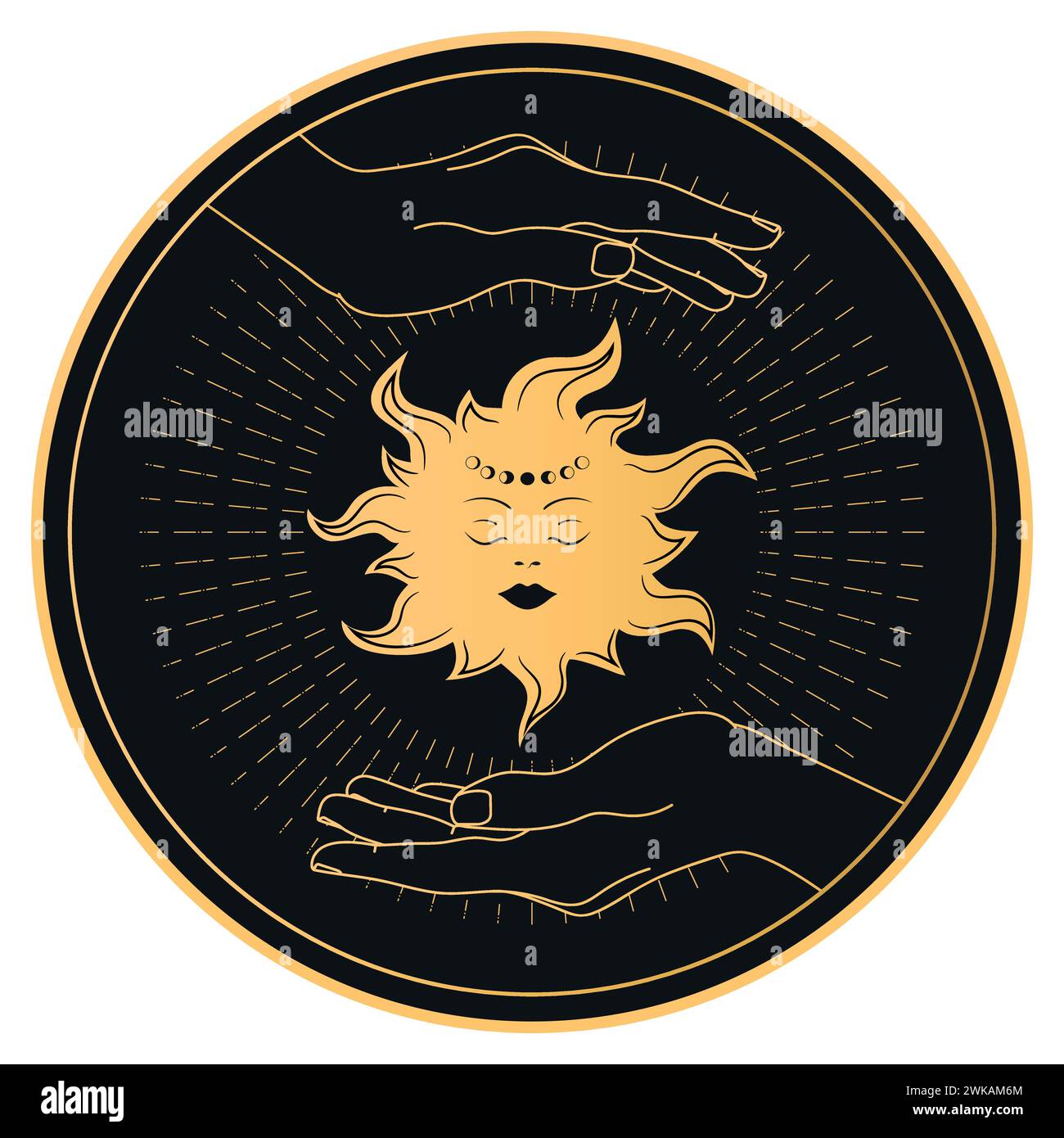 Abstract celestial emblem with human hands holding sun. Vector ...