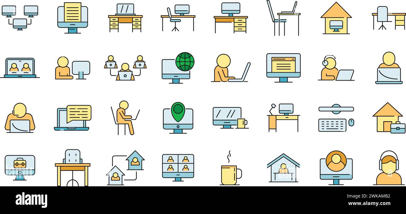 Home office icons set. Outline set of home office vector icons thin ...