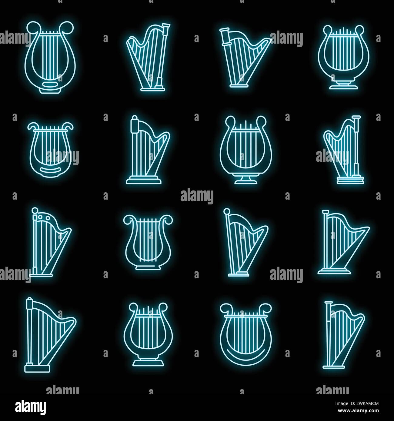 Harp instrument icons set. Outline set of harp instrument vector icons ...