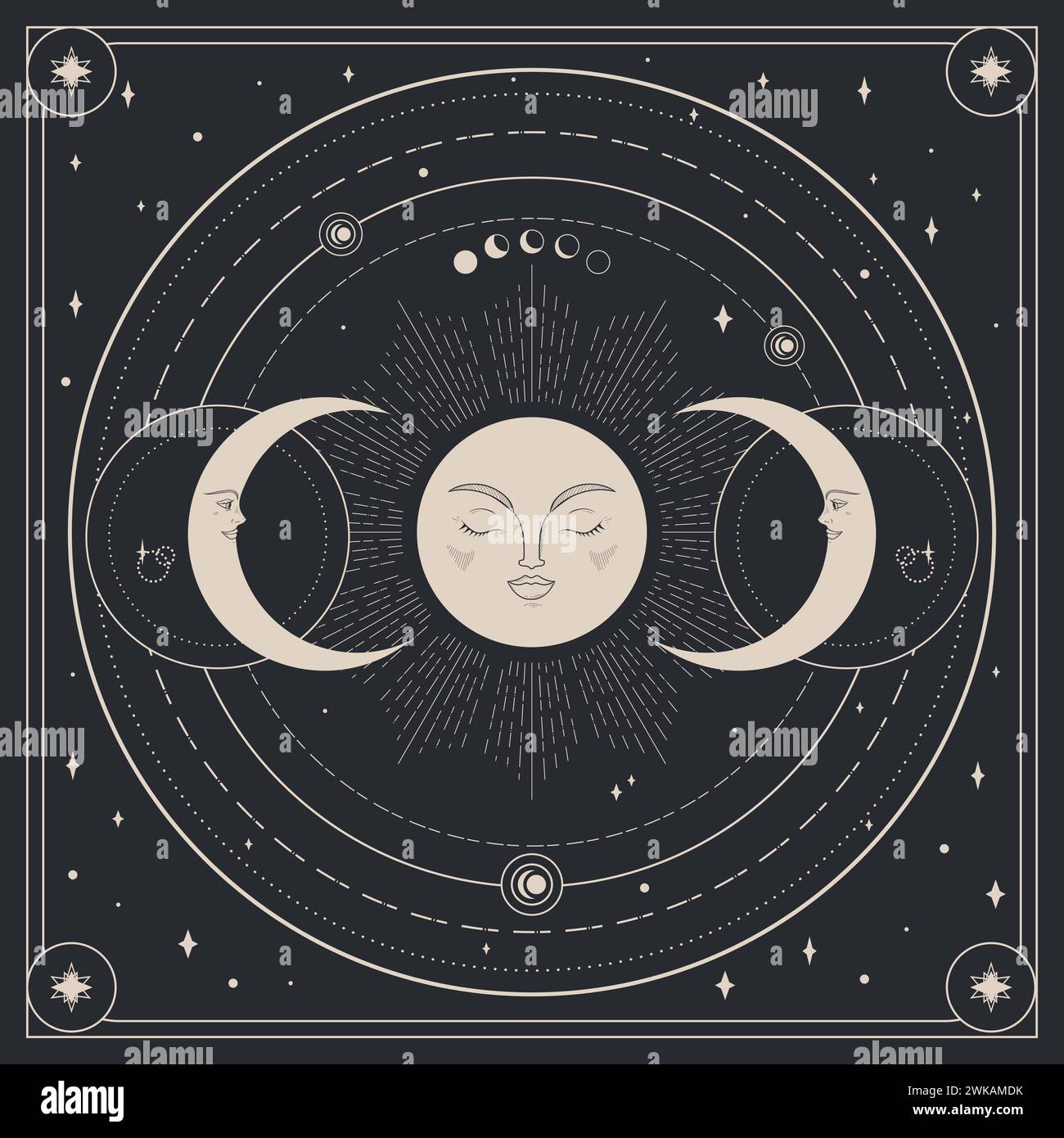 Celestial background with a sun and two crescents. Magical vector ...
