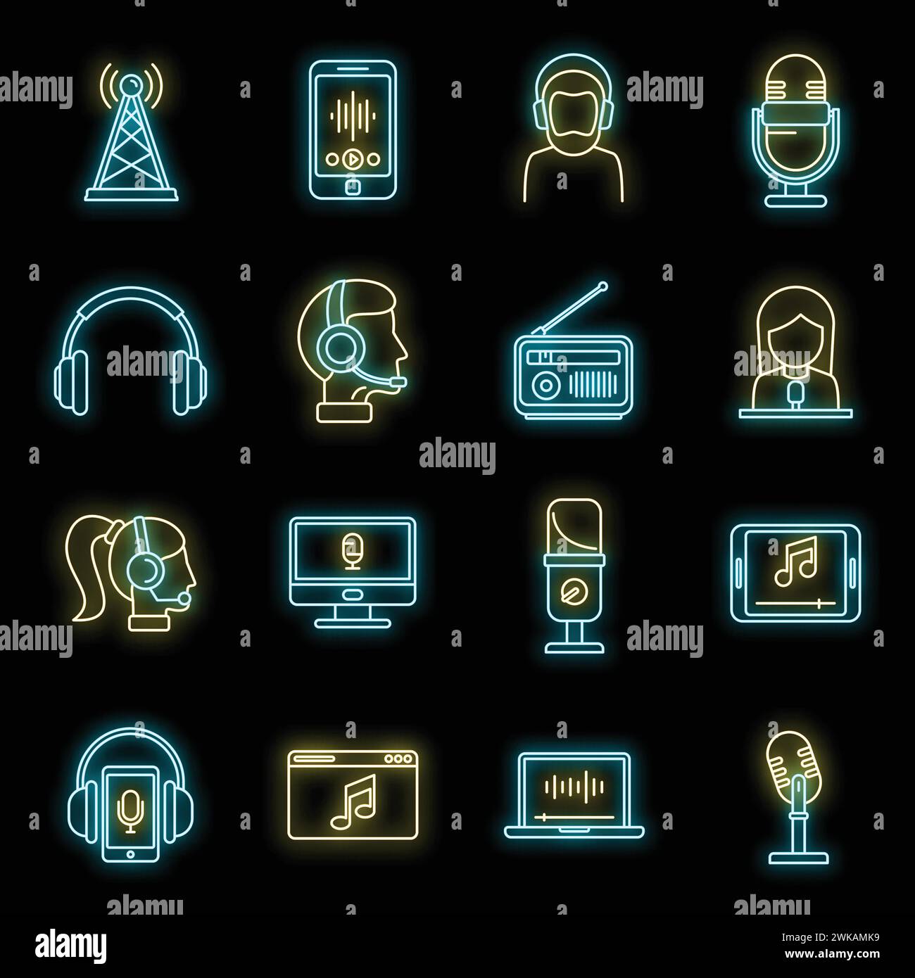 New podcast icons set. Outline set of new podcast vector icons neon ...