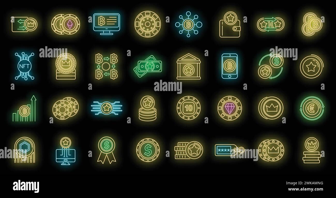 Tokens coins icons set. Outline set of tokens coins vector icons neon ...