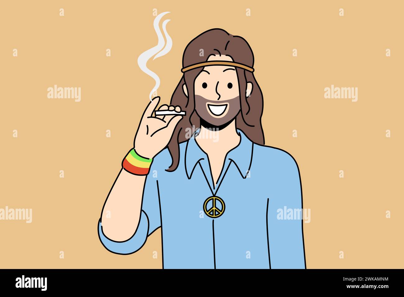 Hippie man smoking cannabis and smiles, standing with symbol of ...