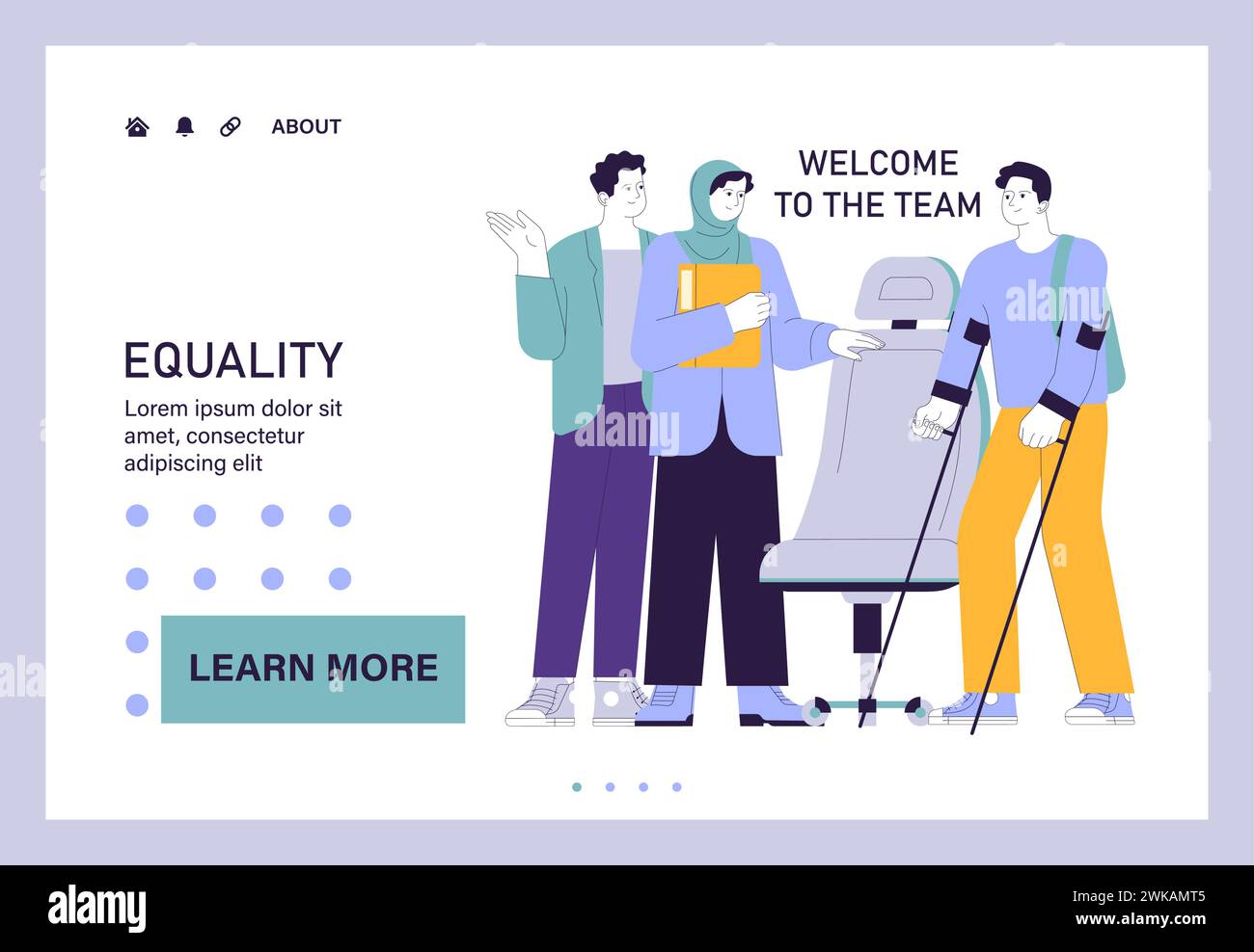 Social equity web or landing. Civil society teamwork, equal opportunities diversity and ...