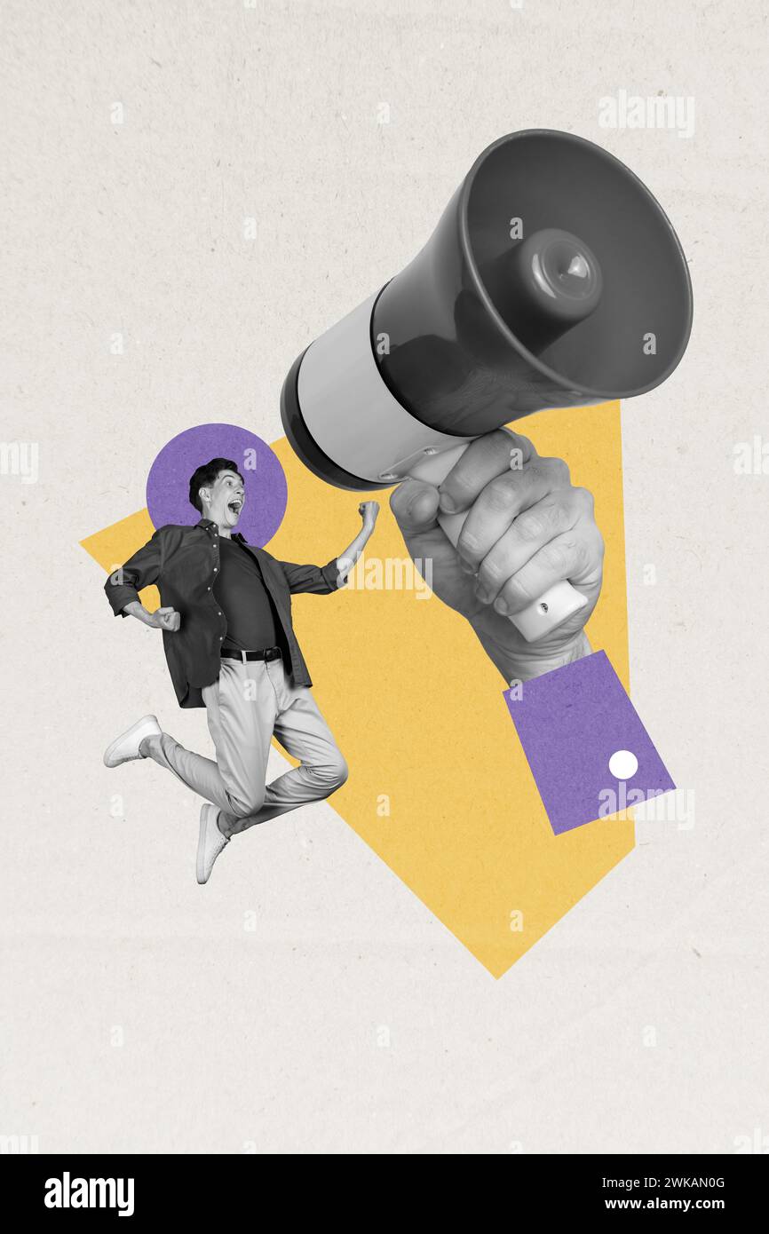 Vertical collage image of happy glad cheerful guy jumping up flying air ...