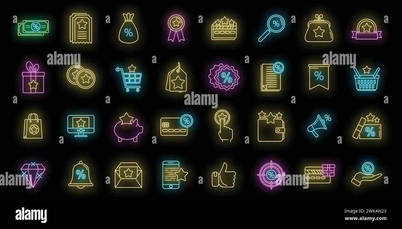 Bonus star icons set. Outline set of bonus star vector icons neon color ...