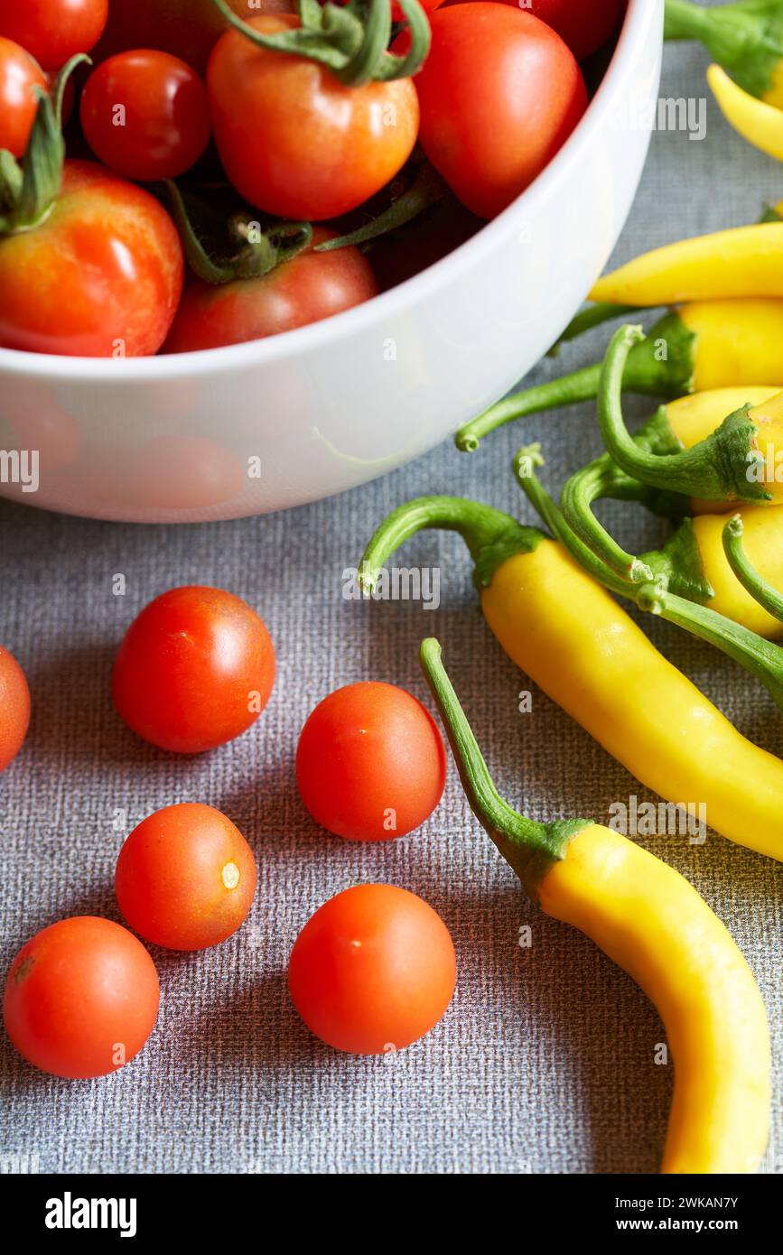 Healthy homemade bio tomatoes and chilli peppers Stock Photo - Alamy
