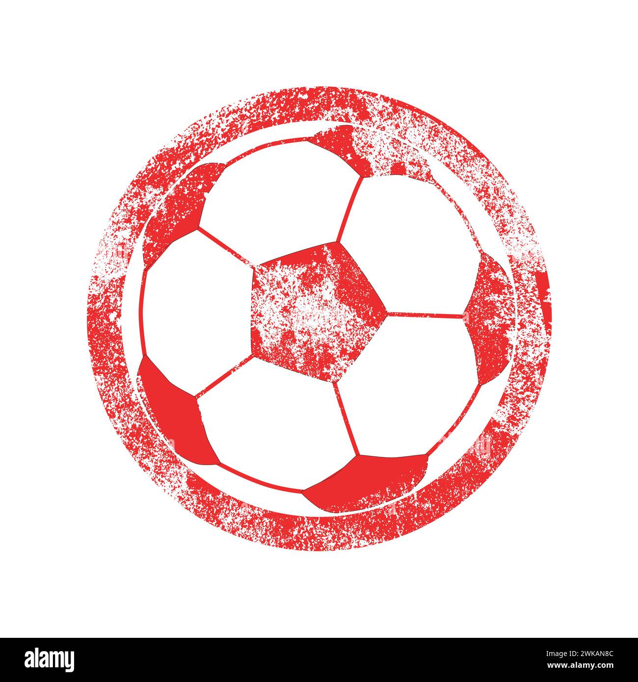 A typical soccer football as a red ink stamp isolated over a white ...