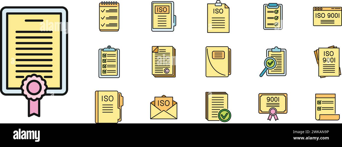 Certified standard icons set outline vector. Iso certificate. Work ...