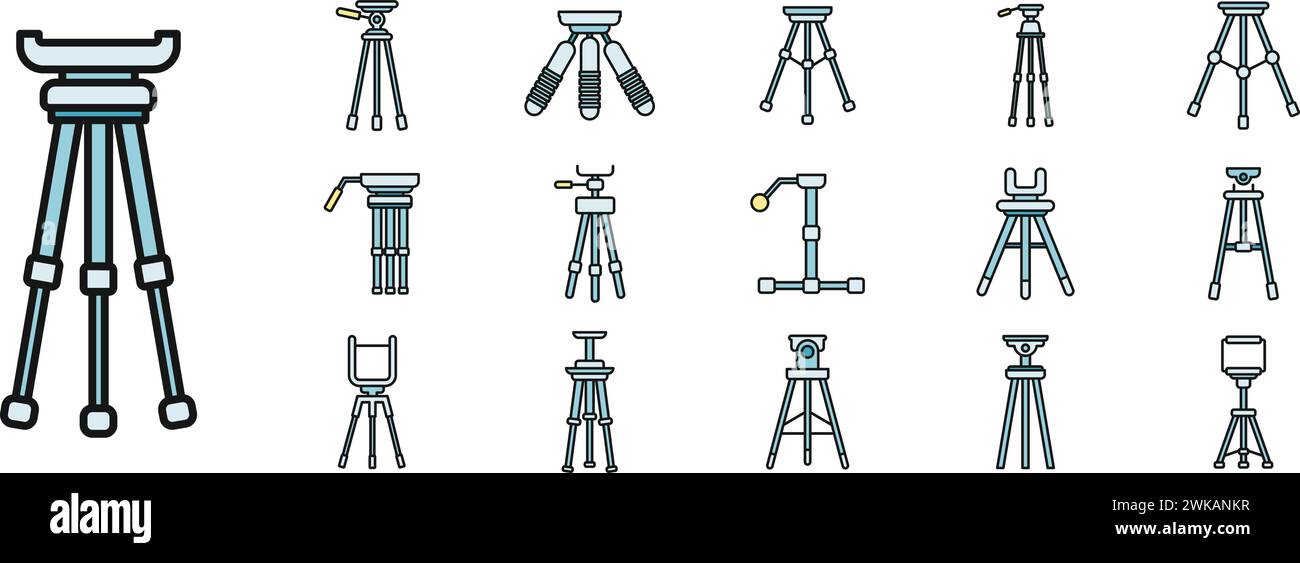 Tripod support icons set. Outline set of tripod support vector icons thin line color flat on ...