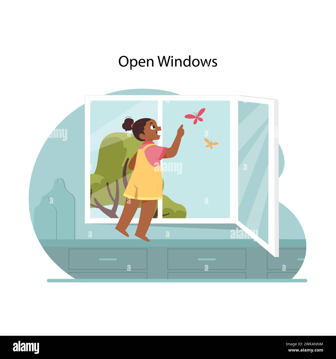 Fall prevention scene. Curious little girl reaching out of open window ...