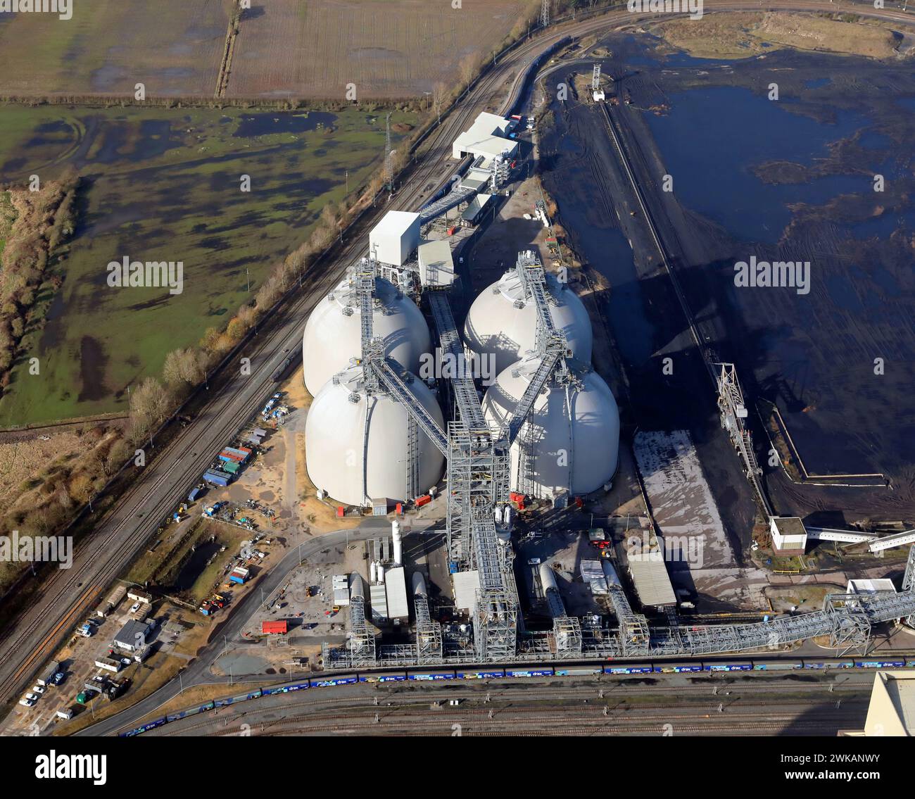 aerial view of the BioMass domes at Drax Power Station near Selby ...