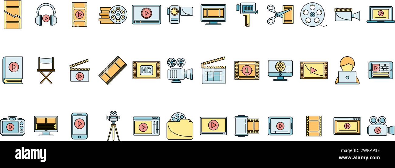 Online video editing icons set outline vector. Video screen player ...