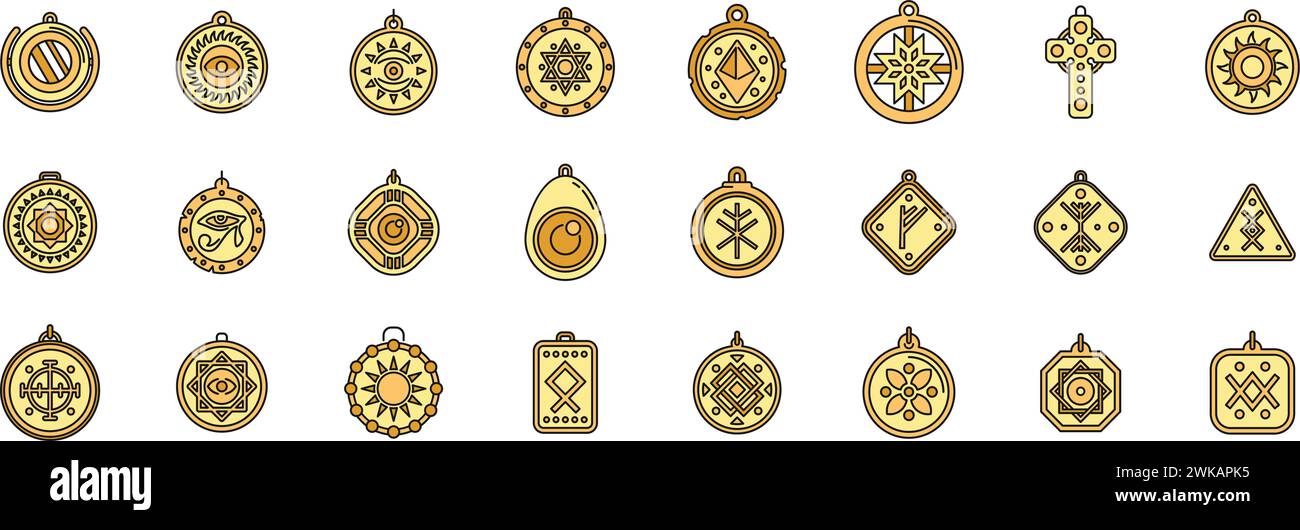 Amulet icons set outline vector. China coin. Chine and arabic culture ...