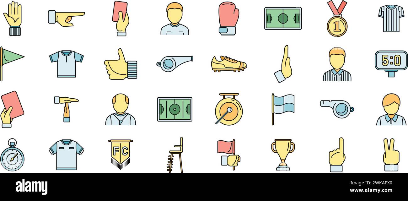 Match referee icons set outline vector. Player card. Referee whistle ...