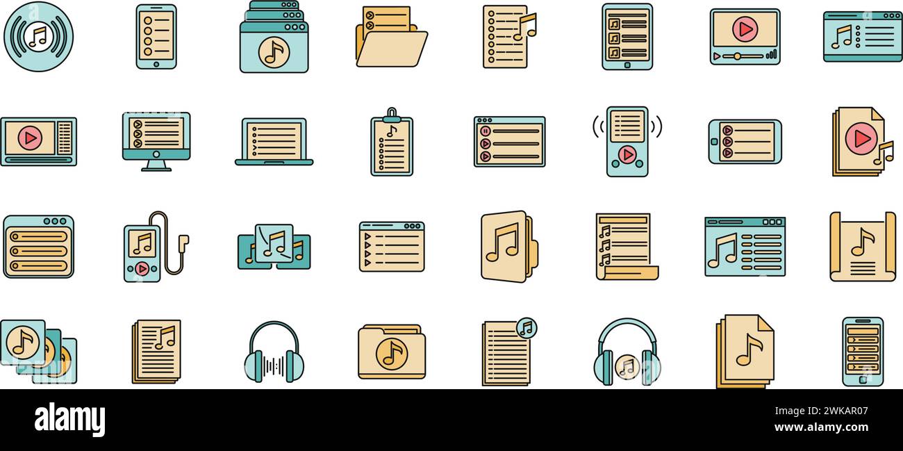Listening playlist icons set outline vector. Music group. Radio album ...