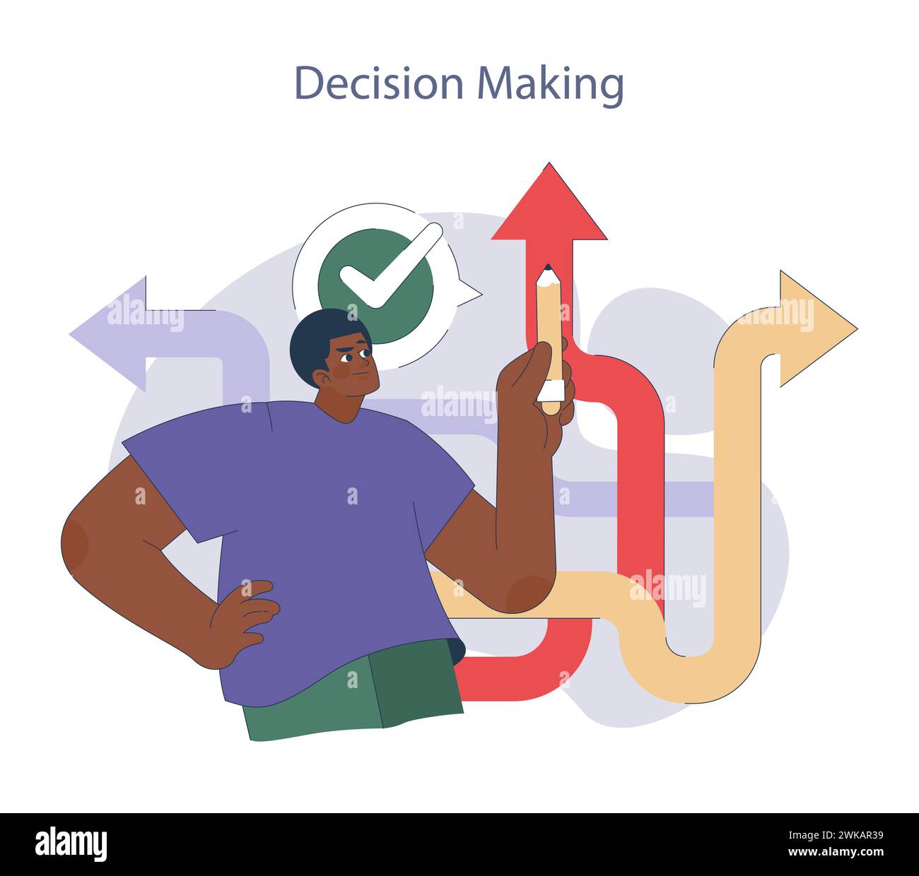 Decision Making concept. A man evaluates paths with an arrow and check ...