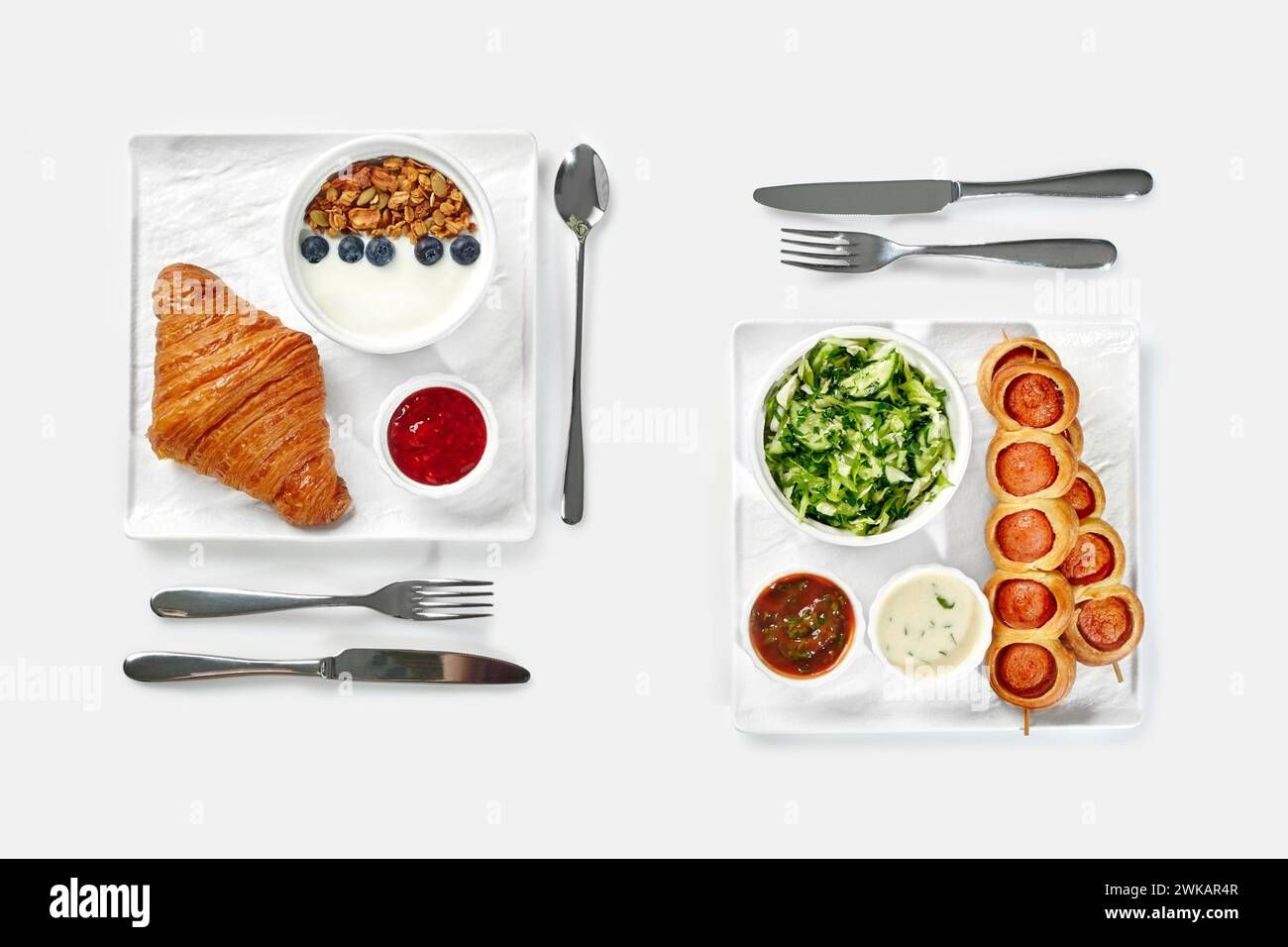 Varied breakfast assortment with sweet pastry and savory snacks Stock ...