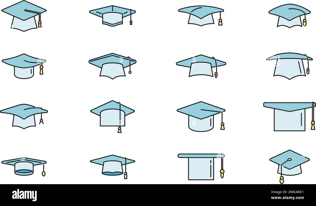 Academy graduation hat icons set outline vector. School celebration. University cap Stock Vector ...