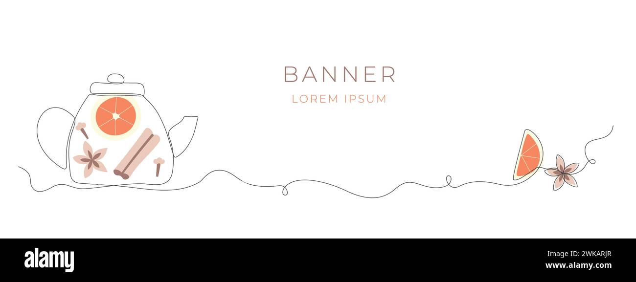 Linear hot spicy tea in pot vector banner. Simple line elements poster ...