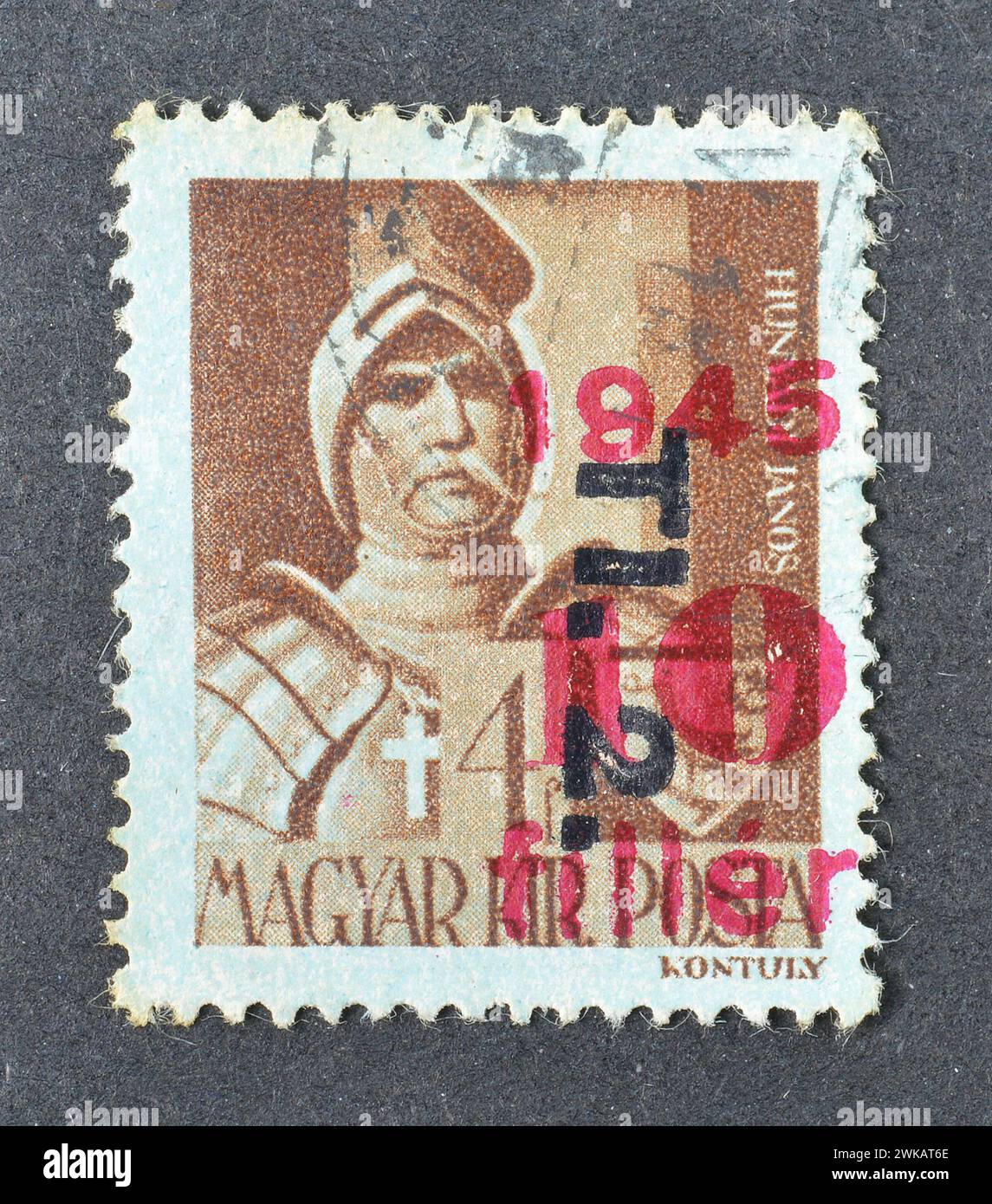 Cancelled postage stamp printed by Hungary, that shows knight Janos ...